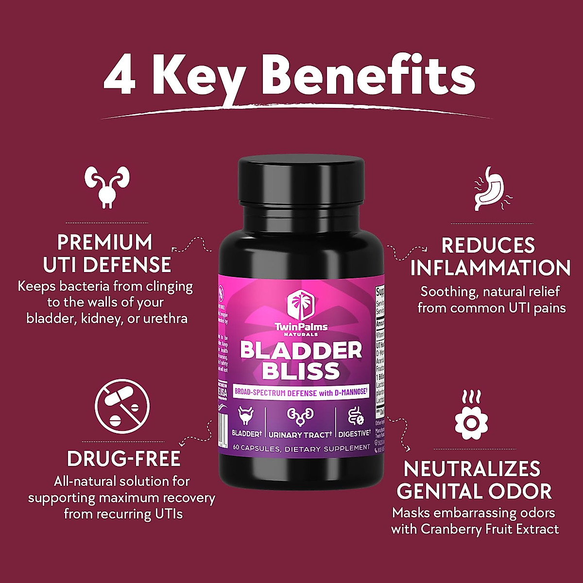 Bladder Bliss: Advanced Cranberry Supplement & D-Mannose Formula for Urinary Tract Health for Women, Non-GMO, Gluten-Free, Vegan Capsules, Fast-Acting Relief & UTI Prevention, Bladder Support, 60 Ct