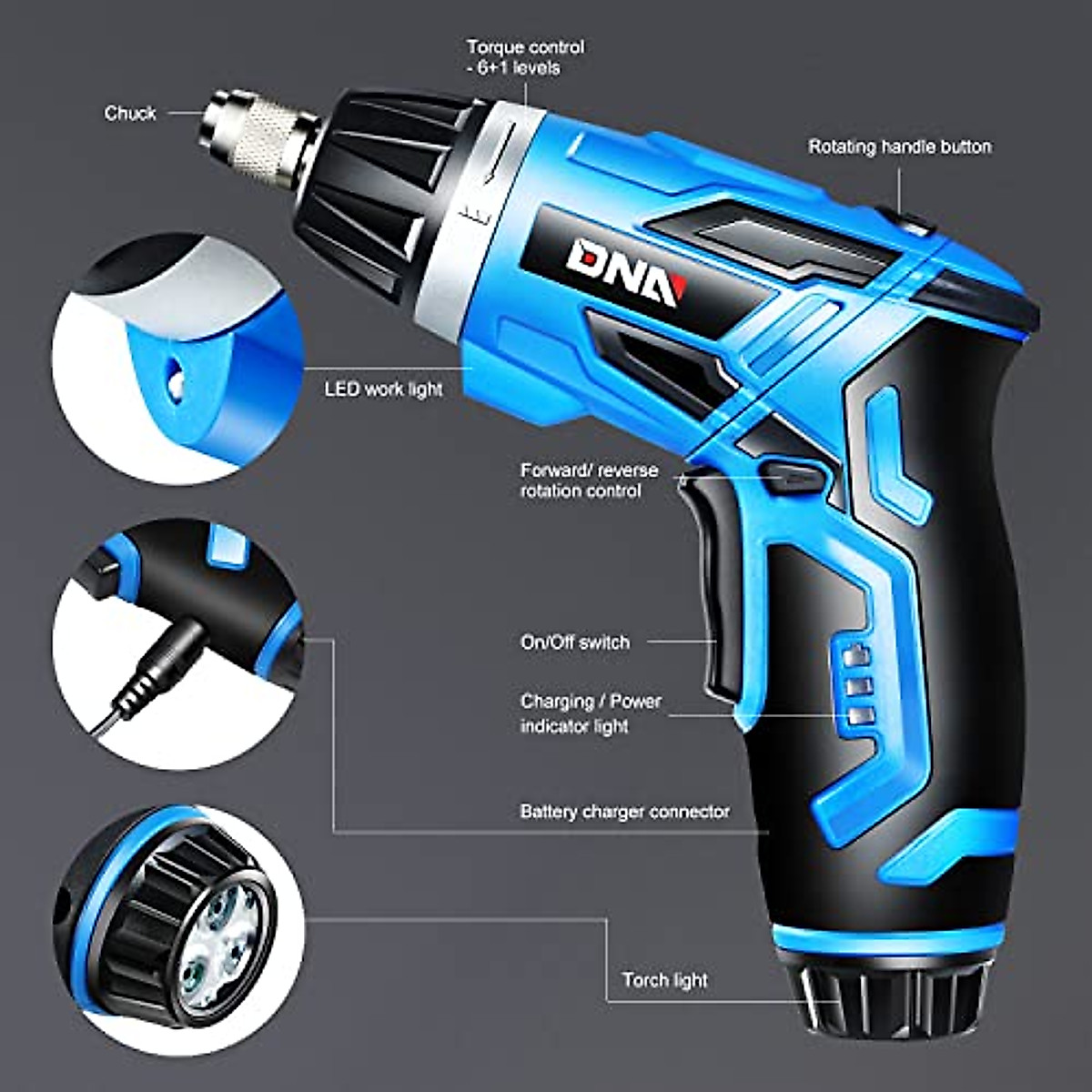 ‎DNA MOTORING TOOLS-00236 Rechargeable 3.6V Cordless Electric Screwdriver Tool Kit with LED Worklight, Blue
