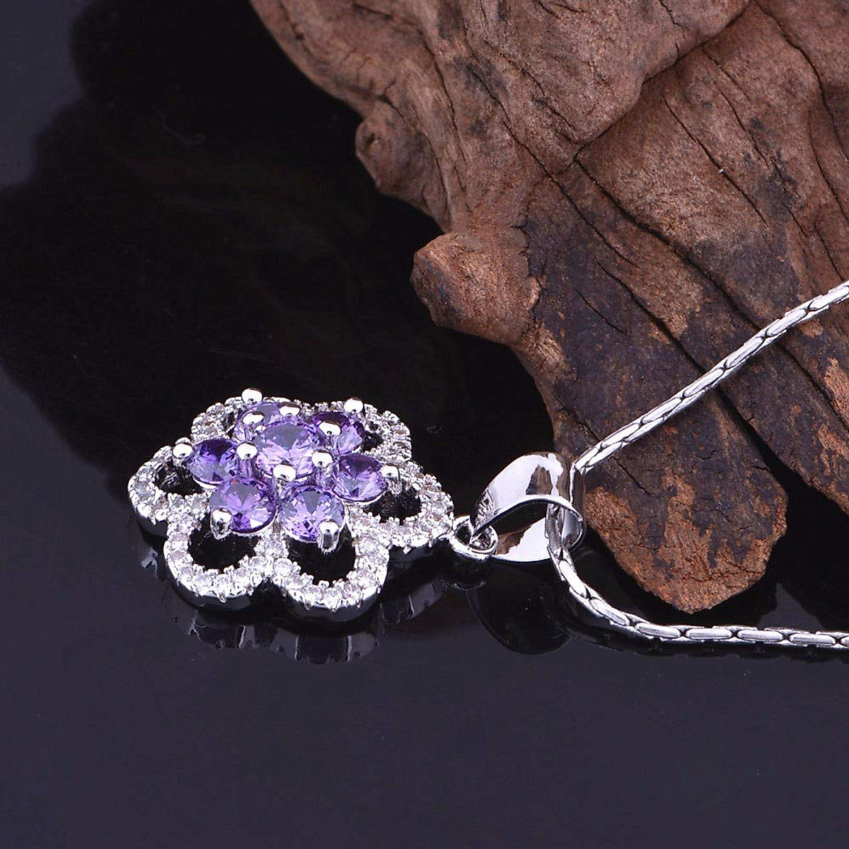 Uloveido Purple Cubic Zirconia Flower Earrings Necklace Ring Set for Women CZ Bridal Jewelry Sets for Bridesmaids T489 (Purple, Size 6)