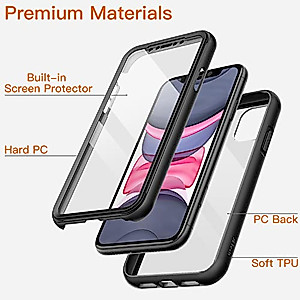 JETech Case for iPhone 11 6.1 Inch with Built-in Screen Protector Anti-Scratch, 360 Degree Full Body Rugged Phone Cover Clear Back (Black)