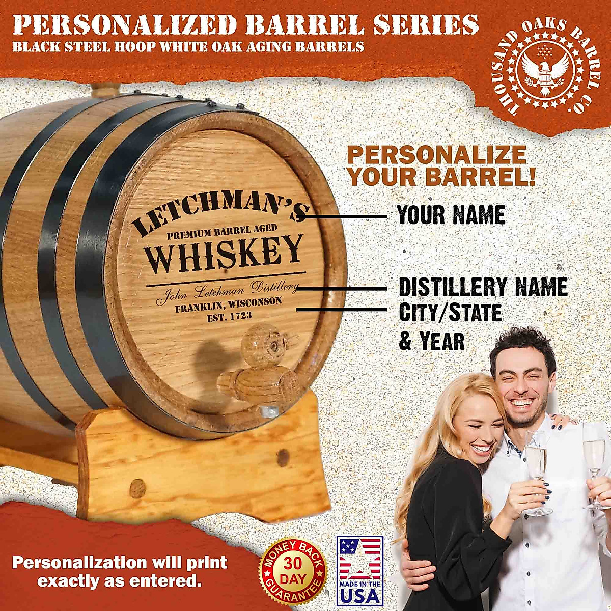 Personalized 20 Liter Oak Aging Barrel (5 gallon) with Stand, Bung and Spigot | Age Cocktails, Bourbon, Rum, Tequila, Beer, Wine and More! | Laser Engraved P5 Custom Whiskey Barrel Design