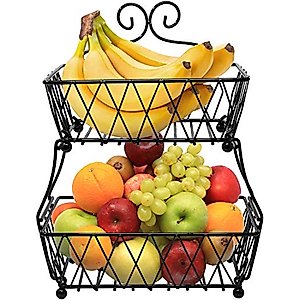 Sorbus Fruit Basket Display Stand, 2-Tier, for Vegetable, Fruit & Bread Counter Storage for Kitchen, Bathroom, Rectangular Antique Metal (Black)