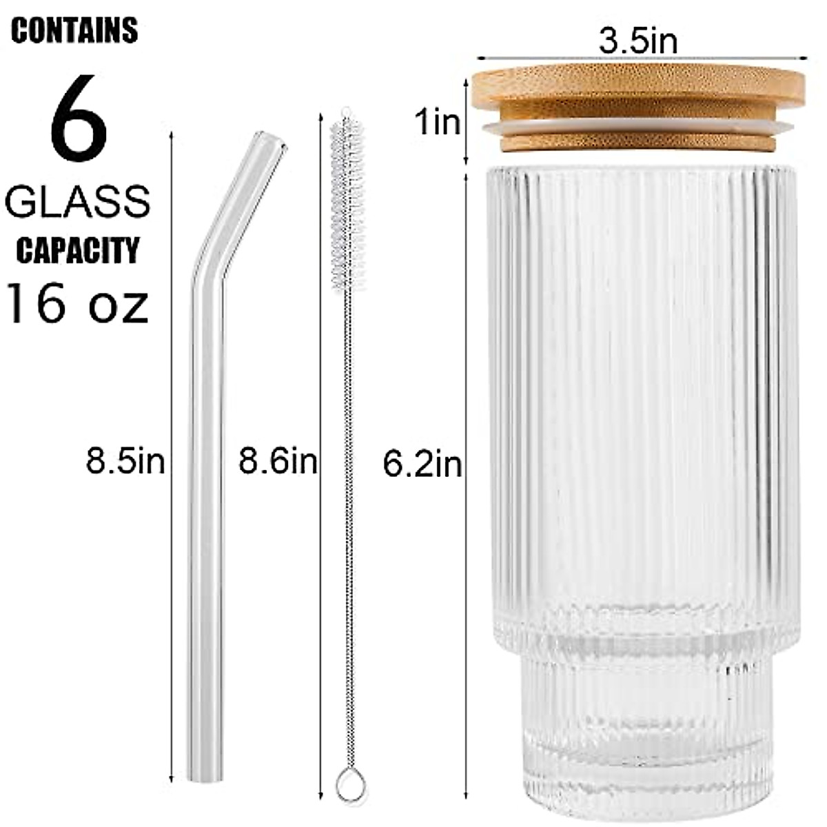 Rantonly 4Pack Ribbed Glass Cups 16oz with Bamboo Lids and Straws, Drinking Glasses Tumbler Cups-Reusable, Vintage Glass Cups, Elegant Ribbed Glassware for Beer Smoothie Whiskey