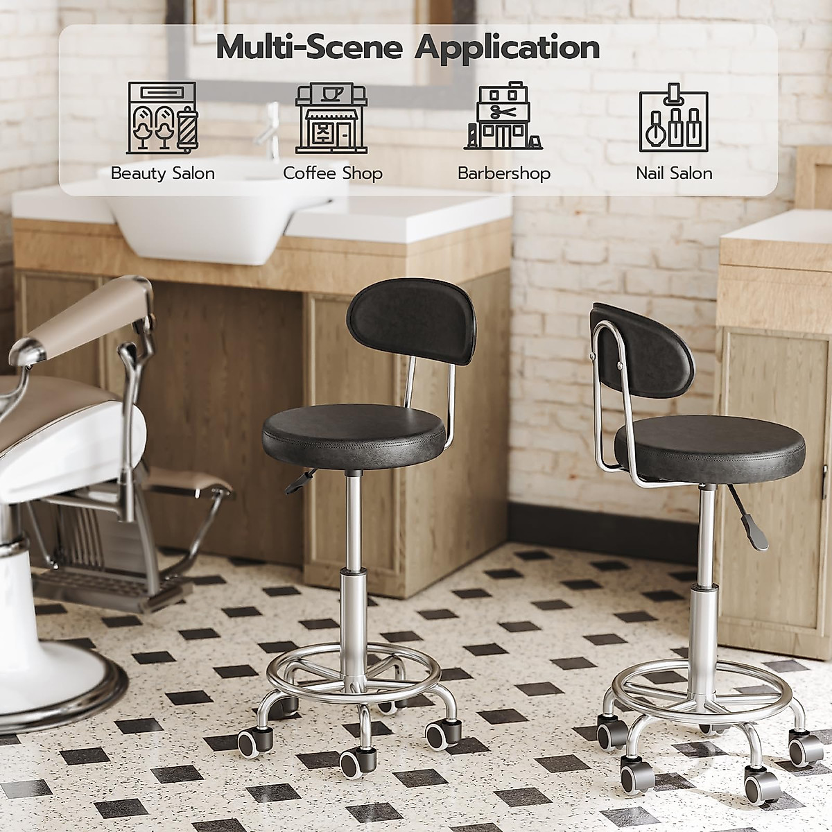 HOOBRO Height Adjustable Rolling Stool, 360° Rotating Drafting Chair, Multi-Purpose Office Desk Chair, Rolling Swivel Salon Stool Chair, for Barber Shop, Nail Salon, Office, Black SB01BY01