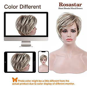 Rosa Star Short Wig Ombre Brown Mixed Blonde Hair Wigs Natural Curly with Bangs Synthetic Hair Fibers Heat Resistant Full Wig for Women
