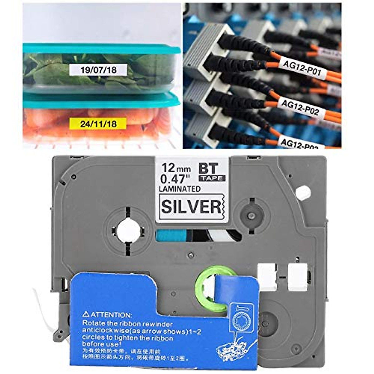 Agatige Compatible Label Tape Replacement for Brother Printer Ribbon Tapes Label Maker Tapes(12mm Black on Matte Silver)