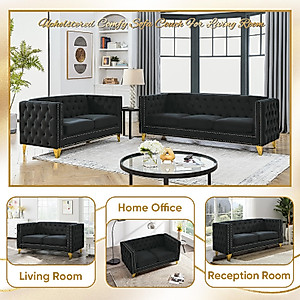 58-Inch Velvet Loveseat Sofa, Comfy Couch for Living Room, Modern Sofa with Tufted Back and Rivet Decoration, Upholstered Small Love Seat with Solid Golden Metal Tapered Legs, Black