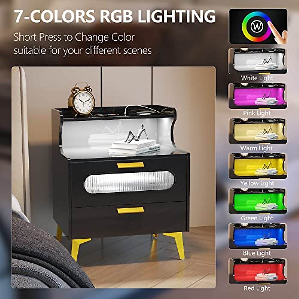 dnbss LED Nightstand with Wireless Charging Station, Modern Nightstand with LED Lights, 3 Color Dimmable Auto Sensor, Smart Bedside Table with 2 Drawers and Open Shelf, Gloss Black
