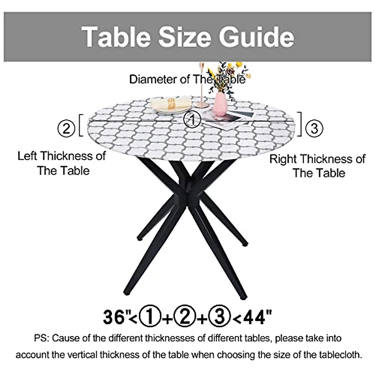 smiry Round Tablecloth, Waterproof Elastic Fitted Table Covers for 36" - 44" Tables, Wipeable Flannel Backed Vinyl Tablecloths for Picnic, Camping, Dining, Indoor and Outdoor, White Morocco