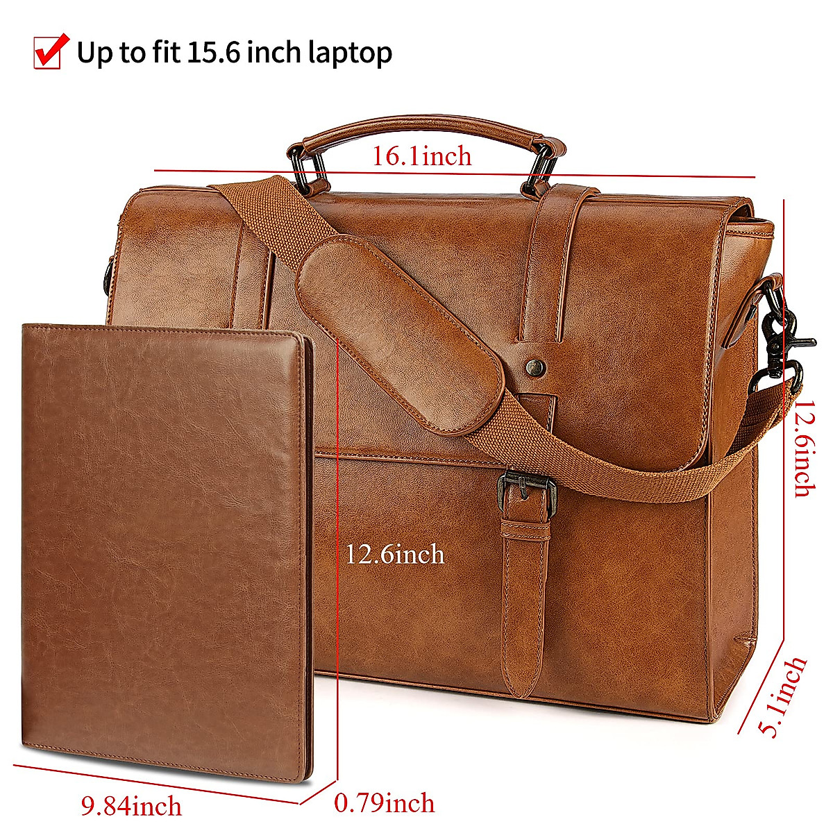 Leather Mens Messenger Bag Vintage 15.6 Inch Waterproof Leather Laptop Briefcase Large Satchel Shoulder Bag Retro Office College Computer Laptop Bag with Leather Padfolio, Brown