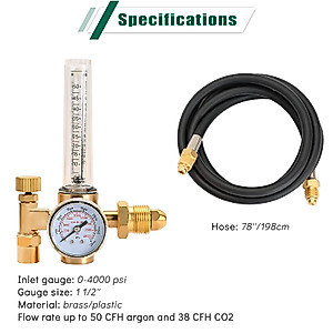 ATPEAM CO2 Argon Regulator TIG Welder MIG Welding CO2 Flowmeter 10 to 50 CFH - 0 to 4000 psi Pressure Gauge with 6.5 Foot Hose CGA580 Inlet Connection Gas Welder Welding Regulator