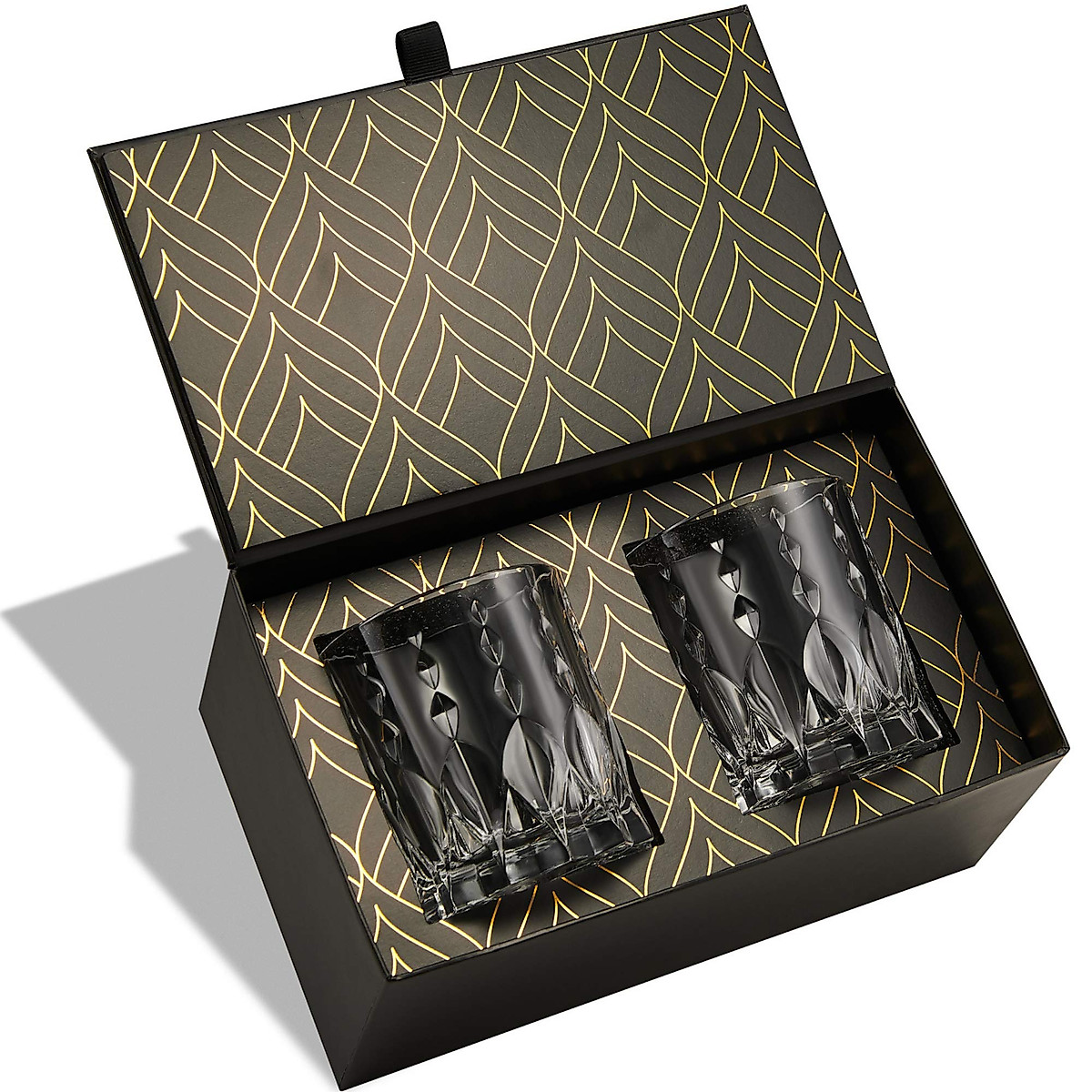 Crystal Whiskey Glasses - Eco-Friendly European Crafted Set of 2 Monarch Glass Tumblers (11.5oz) for Scotch, Bourbon, Old Fashioned Cocktails & Drinks - Elegant Gold Foil Gift Box