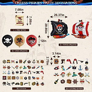 CAILESS Birthday Party Decorations - Pirates Birthday Party Decorations 103Pcs, Included Pirates Theme Banner Cake Toppers 12'' Latex Balloons Swirls Decor Pirates Foil Balloons for Pirates Party