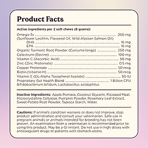 Bundle x Joy Glowing Skin and Coat Supplement for Dogs, 90 Soft Chews, Probiotics for Dogs with Colostrum, Omega 3 Fatty Acids, Salmon Oil, and Turmeric, Supports Seasonal Allergies & Itchiness