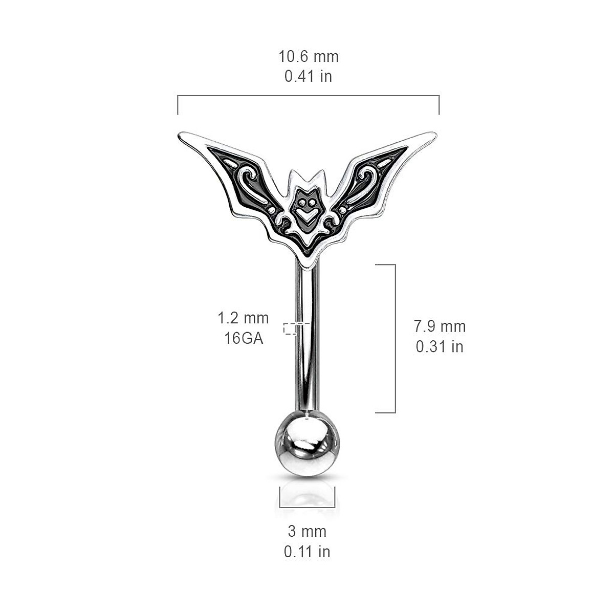 Pierced Owl Horror Bat Top 316L Stainless Steel Curved Barbell Eyebrow Ring