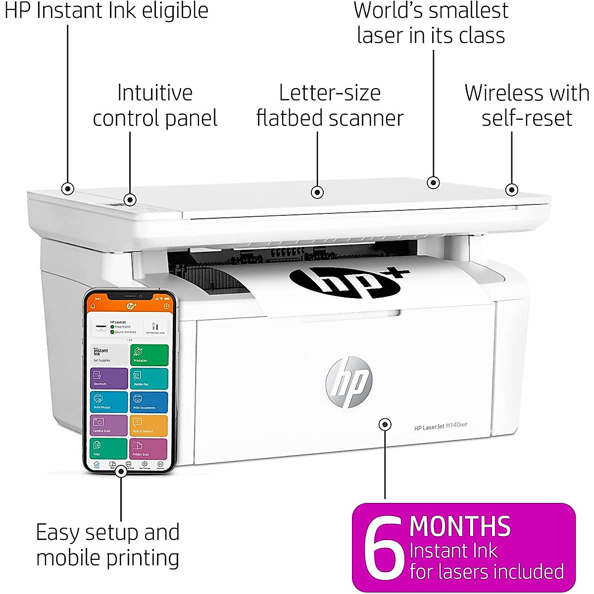 HP Laserjet Compact Wireless Monochrome All-in-one Laser Printer with HP+, Print Copy Scan 3-in-1 for Home Office, 21ppm, Mobile Printing, Wi-Fi, Bonus 6 Months Instant Ink, Lanbertent Printer Cable