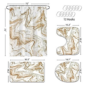 MitoVilla 4 Pcs Brown Marble Shower Curtain Sets with Rugs, Tan Bathroom Decor Sets with Shower Curtain and Rugs and Accessories, Modern Bathroom Curtain Sets with Mats