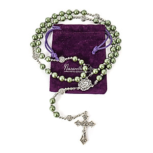 Nazareth Store Green Beads Rosary Necklace Catholic Pearl Beads Rosary with Miraculous Medal and Cross Crucifix
