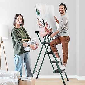 HBTower 4 Step Ladder with Handrails, Folding Step Stool Portable Steel Ladder for Adults for Home Kitchen Library Office, Green