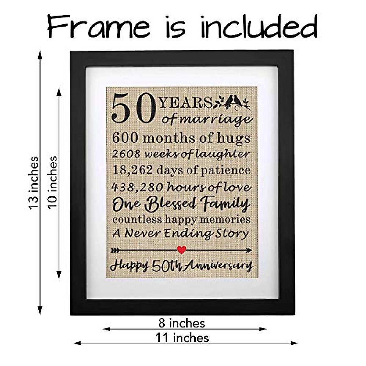 Framed 50th Anniversary Burlap Print Gifts for Grandma & Grandpa Golden Anniversary Decorations for Parents 50th Wedding Anniversary Keepsake Gift for Mom & Dad Gifts (Frame - 50th)