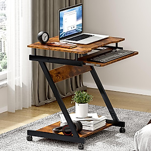 sogesfurniture Retro Computer Desk, Small Mobile Workstation with Keyboard Tray, Printer Shelf & Storage, 23.6x18.9x28.7 inches, Engineered Wood, for Home and Office
