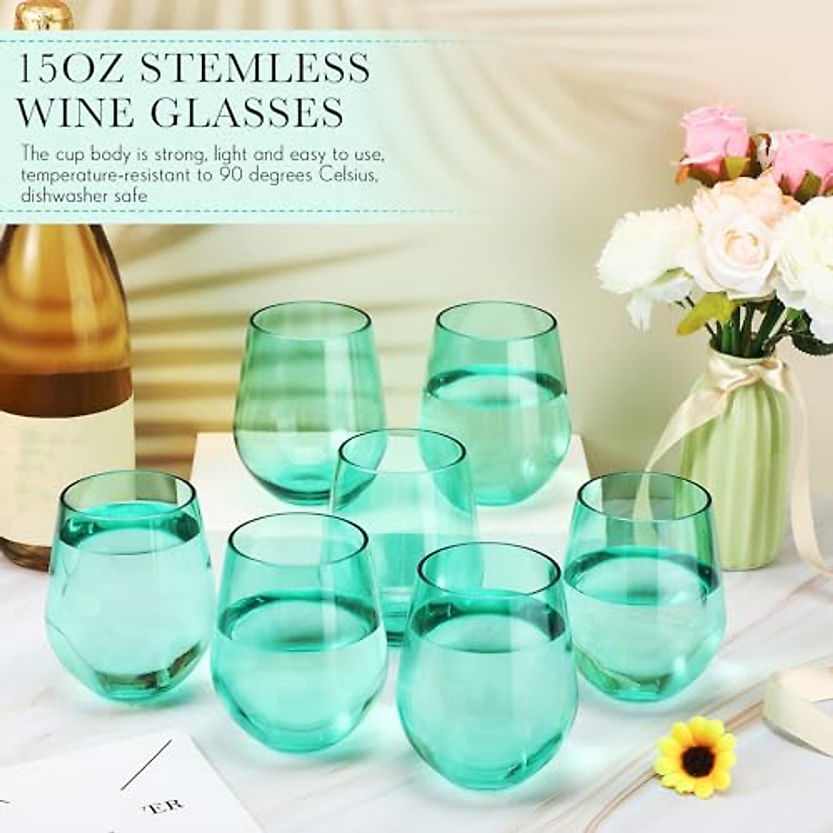 Zubebe 12 Pack 15oz Plastic Stemless Wine Glasses Bulk Colored Unbreakable Reusable Wine Glasses Shatterproof Drinking Glasses Drinkware for Indoor Outdoor Dining Wine Supplies (Green)