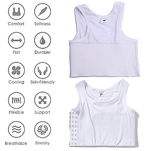 XUJI Transgender FTM Big Size Chest Binder Strapless Zip up Built-in Elastic Band Flat Slim Fit Tops (White, XXL)