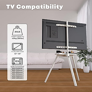 PUTORSEN Easel TV Stand for 43 to 65 inch LED LCD OLED Screens Hold up to 88lbs, Height Adjustable Tripod TV Floor Stand with Shelf/Snap Lock/Anti-Tip Strap, Max VESA 400x400mm, Matte White
