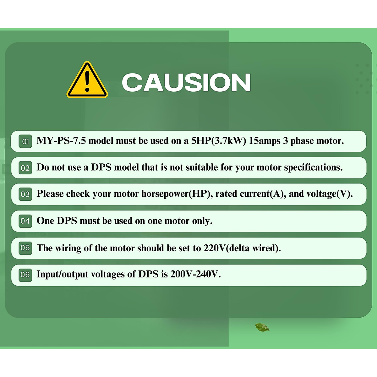 DPS Single-Phase to 3-Phase Converter, My-PS-7.5 Model Must Be Only Used on 5HP(3.7kW) 15 Amps 200-240V 3-Phase Motor, One Must Be Used on One Motor Only, Input/Output 200V-240V, Digital Type