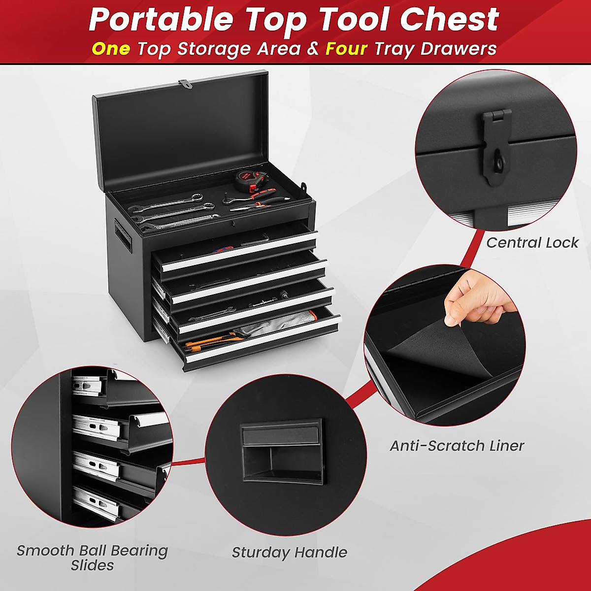 ERGOMASTER Tool Chest Heavy Duty Rolling Tool Box with Cabinet 5-Drawer for Lockable & Removable Cabinet for Garage and Workshop - Black