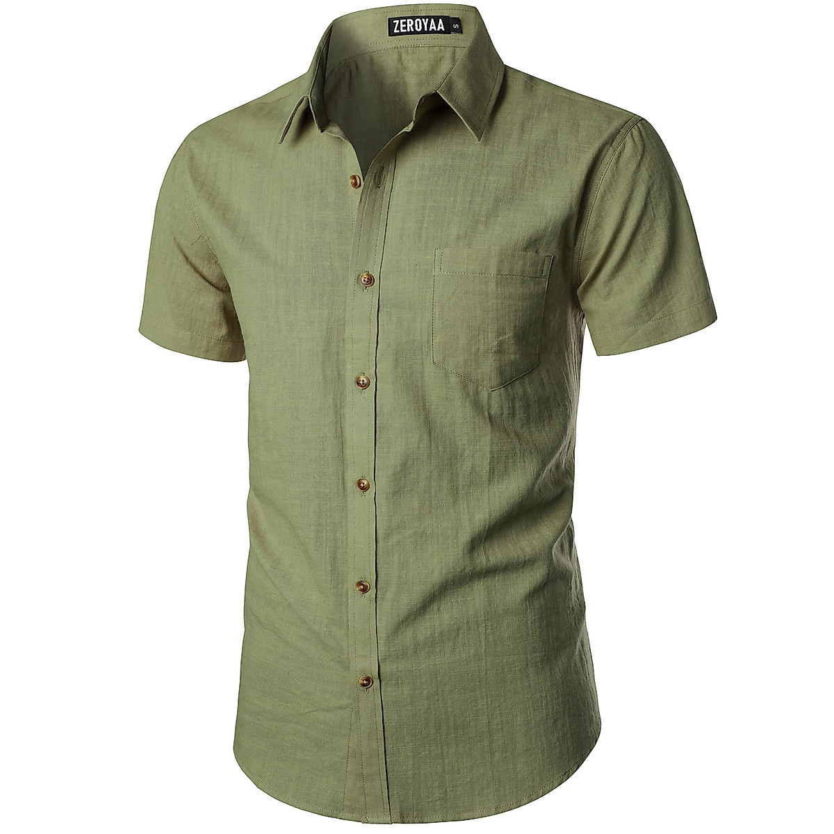 ZEROYAA Men's Fitted Cotton Linen Casual Short Sleeve Button Up Shirts Lightweight Beach Tops with Pocket ZLSC34-Avocado Green Medium