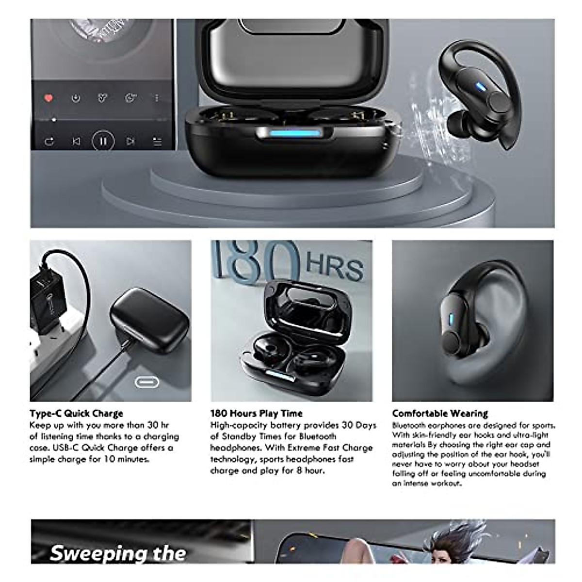 LAGRUS Headphones Bluetooth Earphone IPX7 Sports Wireless Headphone Noise Reduction Ear Hook Earduds with Microphone Wireless Headphones