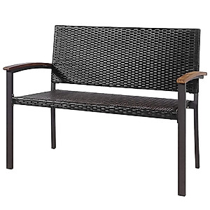 RELAX4LIFE Patio Outdoor Wicker Bench - Patio Rattan Chair w/Metal Frame, Acacia Wood Armrests, All-Weather PE Porch Bench for Garden, Backyard, Poolside, Balcony, Outdoor Loveseat (1)