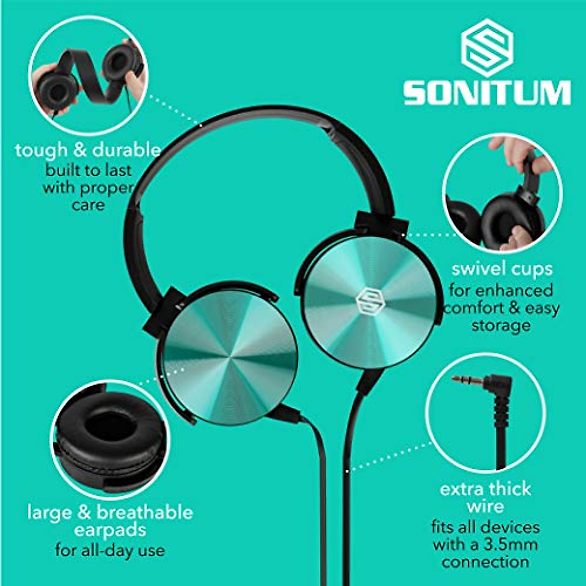 Classroom Headphones Bulk 5 Pack, Student On Ear Color Varieties, Comfy Swivel Earphones for Library, School, Airplane, Kids, for Online Learning and Travel, Noise Stereo Sound 3.5mm Jack (Black)