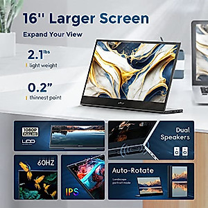 Mobile Pixels Glance 16" 1080P FHD Travel Monitor for Laptop, Portable Monitor HDMI USB Type C Connection, Tilt Adjustment & Non-Slip Portable Computer Screen with Dual Speakers for PC, macOS, Windows