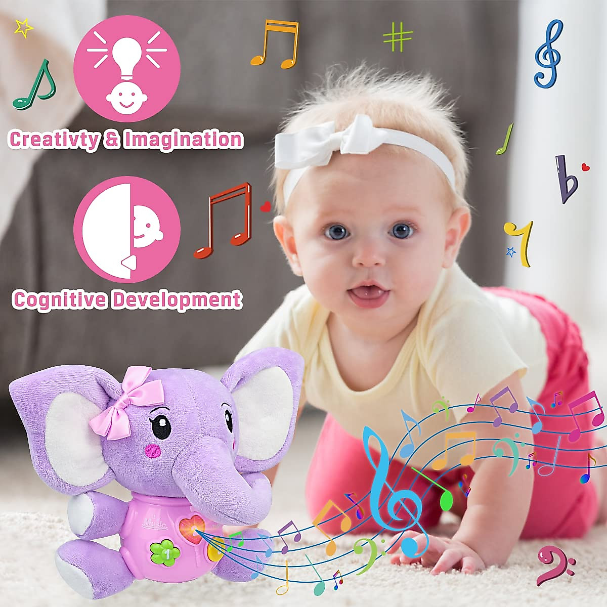 Aiduy Baby Toys 6 to 12 Months - 6 Months Old Plush Elephant Baby Toy Musical Infant Toys - Babies Light Up Toys for 1 Year Old Boy & Girl Newborn Baby Gift 0 3 6 9 12 Months