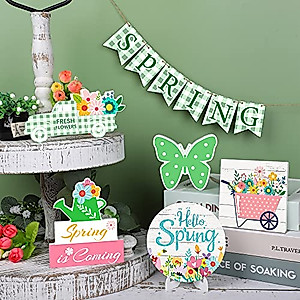 12 PCS Spring Tiered Tray Decor Set Flowers Mini Wood Signs Hello Spring Wooden Table Signs Flowers Butterfly Truck Wood Decors with Holder for Spring Party Supplies Home Table Centerpieces