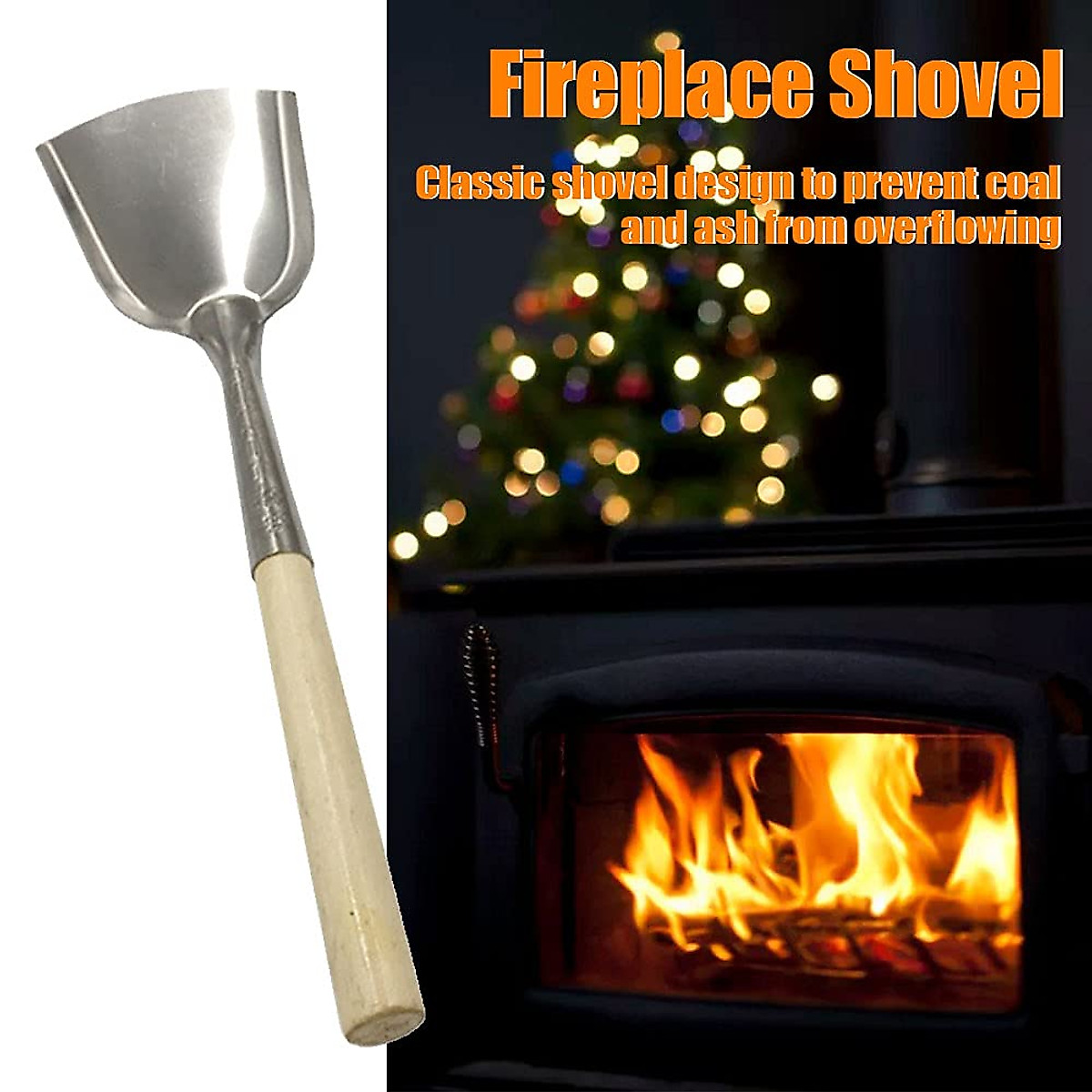 MOFUCA Fireplace Ash Shovel Heat Resistant Stainless Steel Ash Dust Pan with Wood Handle Winter Fireside Fire Accessories,1pc