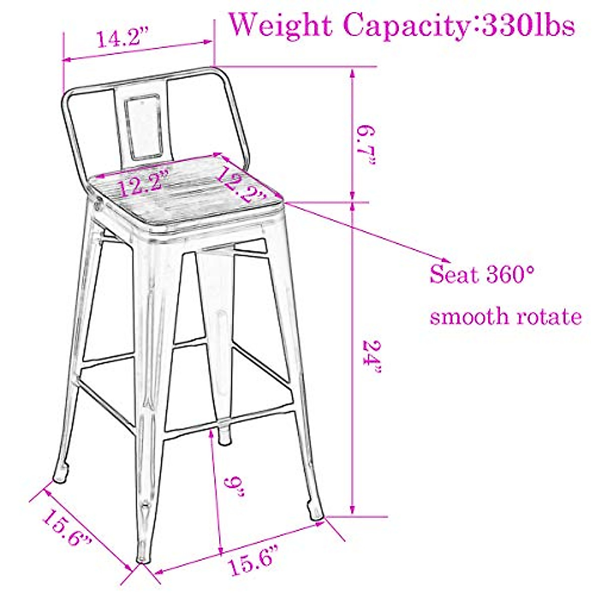 Changjie Furniture Swivel Metal Bar Stools Kitchen Counter Height Stools Industrial Barstools Set of 4 (Swivel 24 inch,Matte Black Wooden)