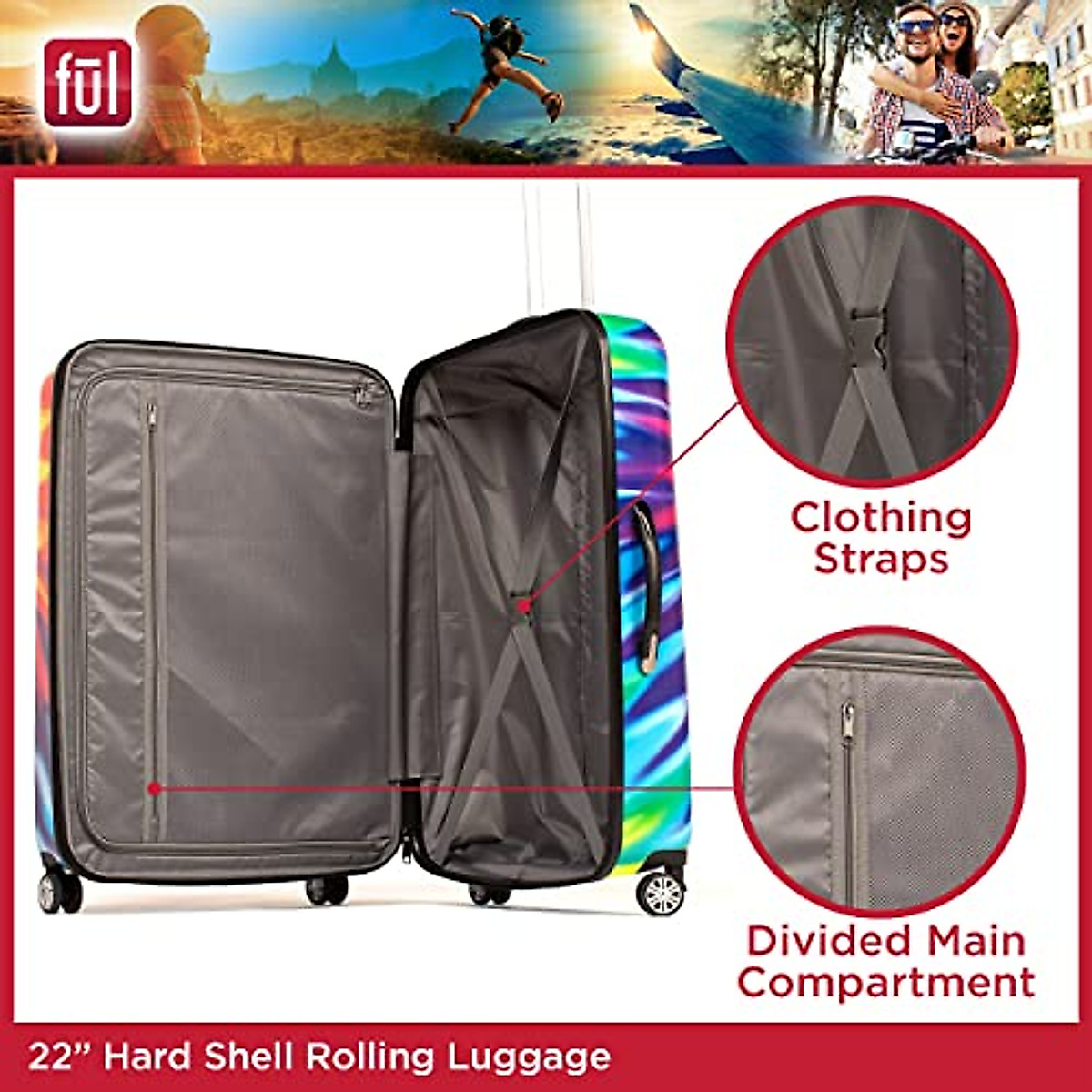 FUL Tie-Dye Swirl Carry-On Rolling Suitcase, Hardside Travel Luggage with Spinner Wheels, 22 Inches, Rainbow