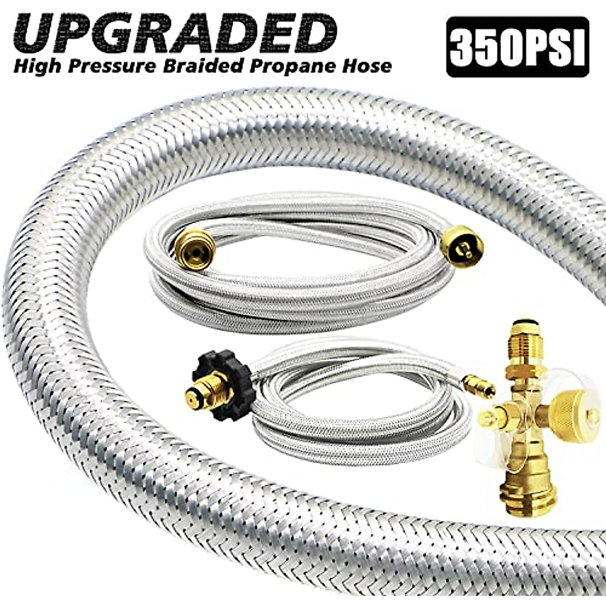 GardenNow Upgraded Propane Brass 4 Port Tee Kit Propane Brass Tee Adapter Kit with 5FT and 12FT Stainless Braided Hoses Allow for Connection Between Auxiliary Propane Cylinder and Propane Appliances