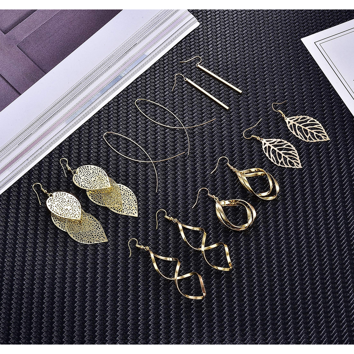 FUNEIA 6 Pairs Drop Dangle Earrings for Women Long Bar Double Twist Wave Curved Threader Cut Out Leaf Lightweight Earrings Set