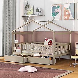 House Bed with Fence Storage, Full Size Montessori Style Beds with Railings and 2 Drawers, Wooden Playhouse Bed Frame for Kids Girls Boys, Natural