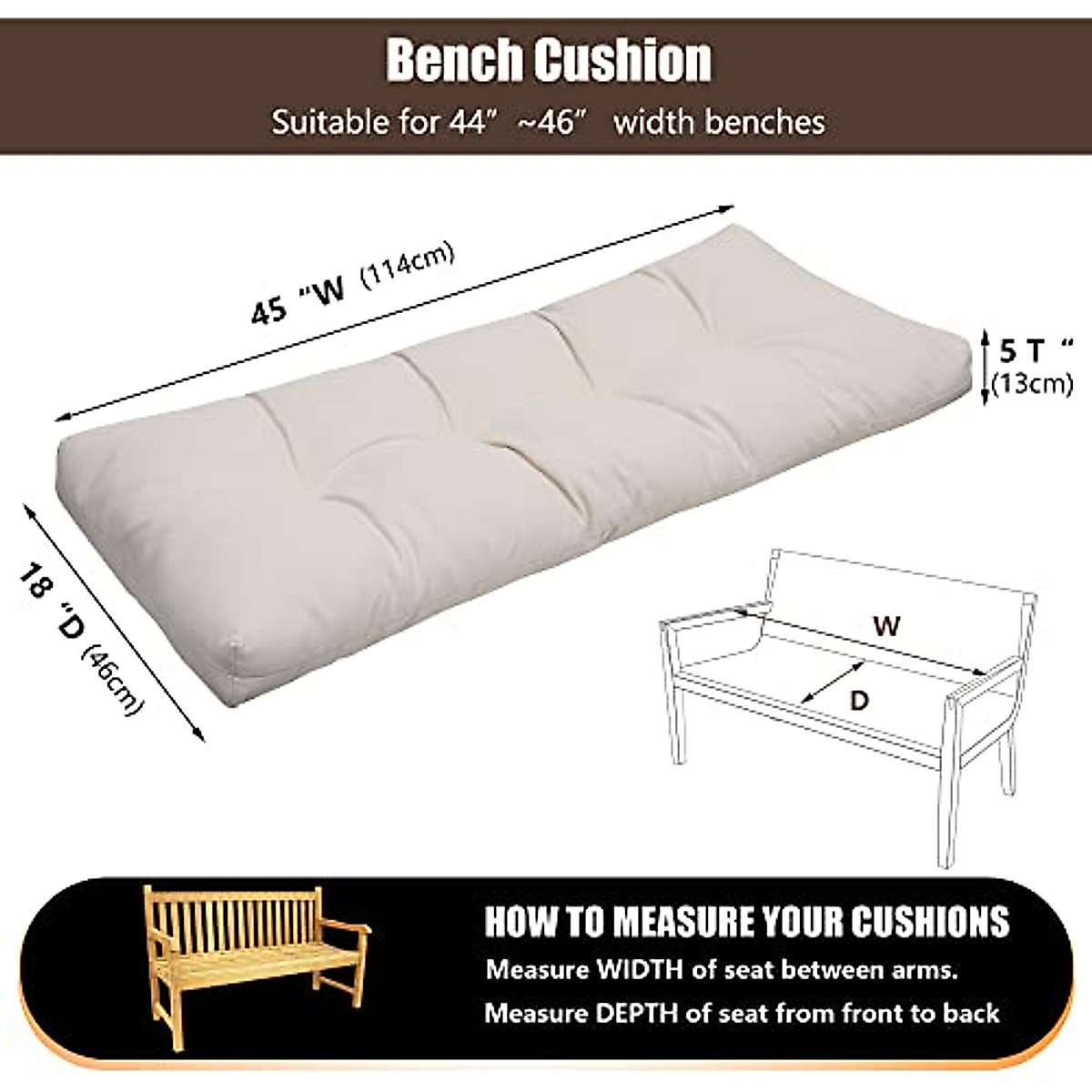 RACE LEAF Bench Cushion 45" x 18" Cream, Outdoor/Indoor Water Resistant Bench Seat Pads, Tufted Loveseat Cushion for Swing, Wicker, Garden Bench, Indoor, Shoe Storage, Window, Piano