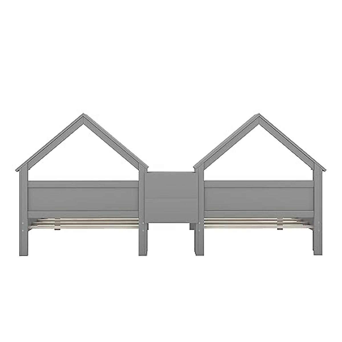SIYSNKSI Twin Size Platform Bed with House-Shaped Headboard, Wood Platform Bed Frame with a Built-in Nightstand, Shared Double Twin Beds for Kids Teens Adults Boys Girls Bedroom (Grey 03)
