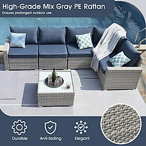 Temminkii Outdoor 6-Pieces Outdoor Warm Grey Wicker Sectional Sofas Patio Conversation Set W Blue Thickened Cushions,Coffee Table for Poolside,Backyard,Garden