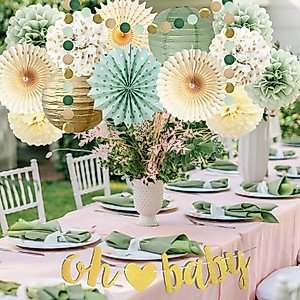 Sage Green Baby Shower Decorations Oh Baby Banner Tissue Paper Pom Poms Flowers Paper Fans Circle Dot Garland Neutral Party Supplies Boy Girl Gender Reveal Birthday Party Decorations