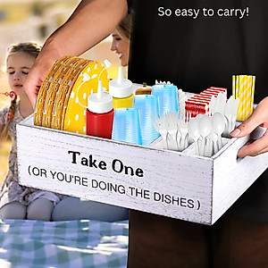 Mandikays| Large Rustic Paper Plate Caddy for Kitchen Countertop| Wooden Utensil Holder for Plates, Cups, Forks, Knives, Spoons, Straws Napkins and Condiments| 6 Compartments| White Flatware Organizer