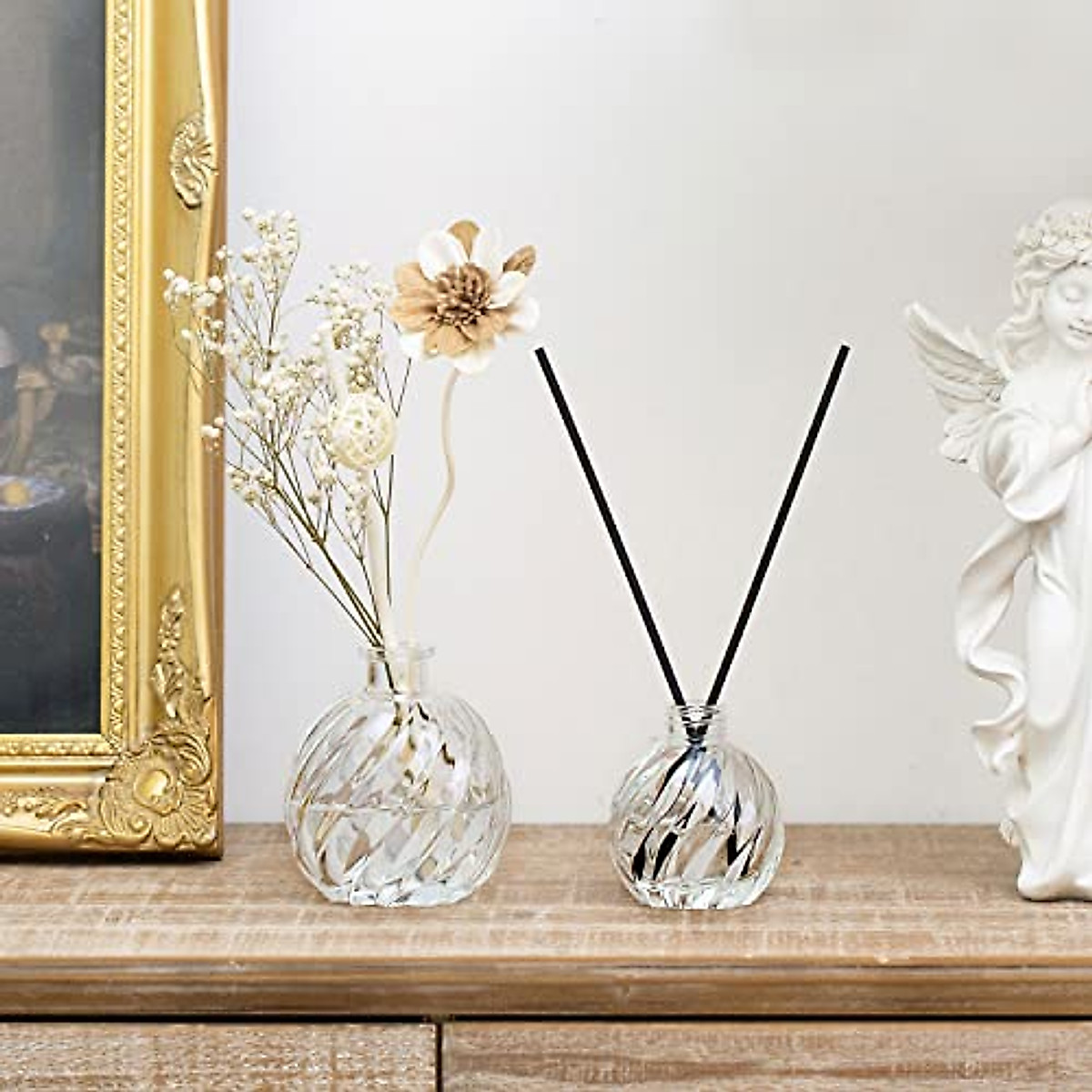 MyGift Modern Clear Glass Reed Diffuser Bottle, Small Round Decorative Bottles Flower Bud Vase with Spiral Ribbed Textured Pattern, Set of 2