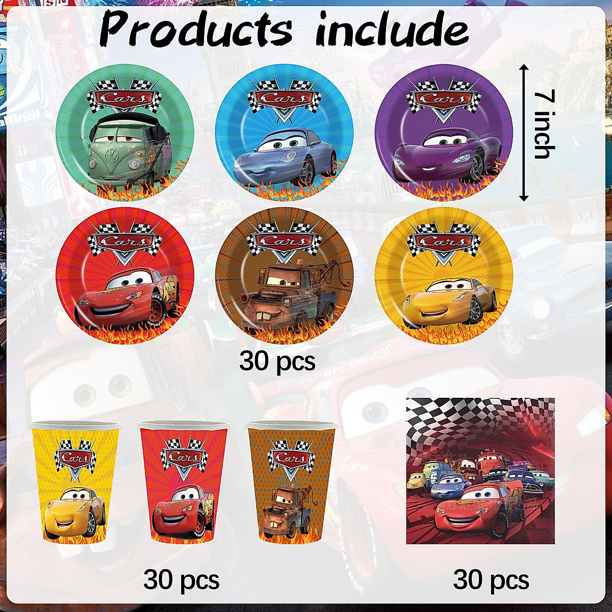 Cars Plates and Napkins Cups Sets, Cars Birthday Party Supplies Tableware for Lighting Cars Birthday Decorations Includes 30 Plates, 30Napkins and 30Cups for Boy Girl Cars Birthday Decorations